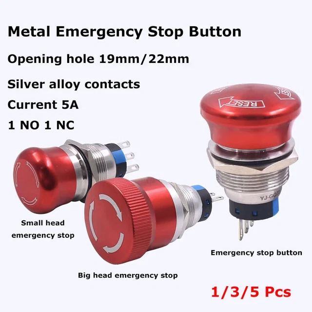 19/22MM METAL EMERGENCY Stop Push Button Swicth Latching 5A 1NO1NC Red ...