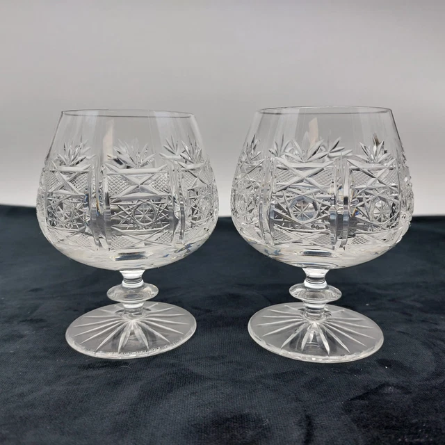 CUT CRYSTAL BRANDY Balloon Glass x2 American Brilliant Style Cognac ...