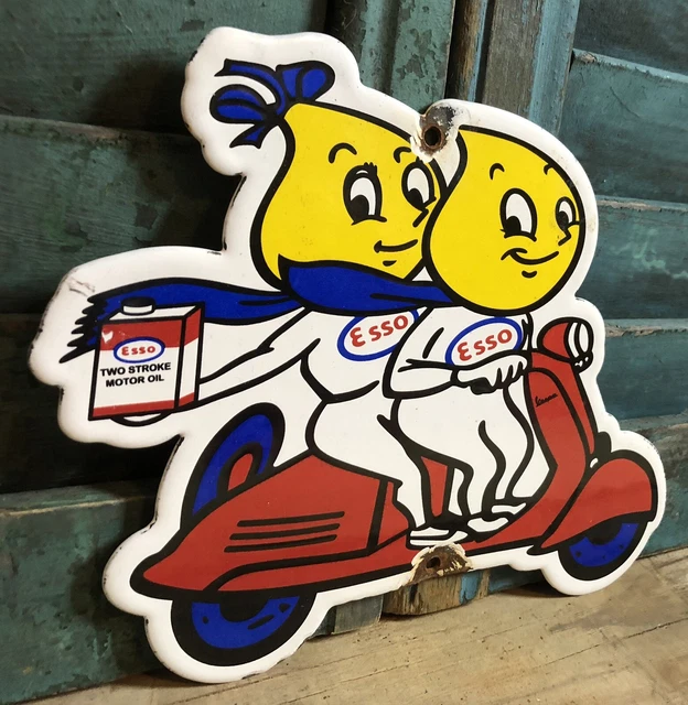 VINTAGE ESSO GAS 8” Porcelain Oil Drop Boy Girl Scooter Vespa Gasoline ...