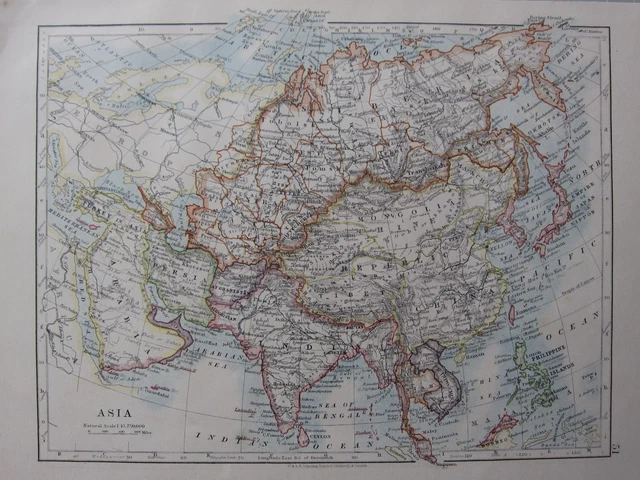 1904 MAP ~ Asia Persia Arabia Mongolia China Japan Siam India Siberia ...