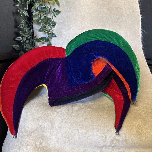 3 POINT COURT Jesters Hat Red Purple Yellow W/Bells Costume One Size ...