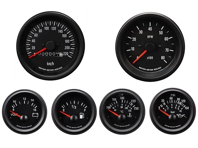 MOTOR METER RACING VD 6 Gauge Set Mechanical Speedometer KMH °C PSI ...