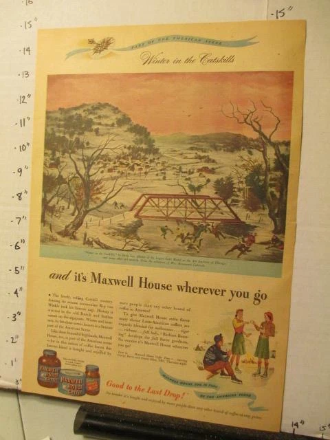 NEWSPAPER AD 1947 MAXWELL HOUSE coffee jar can Winter in Catskills ...