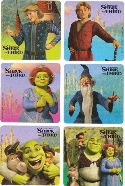 6 X SQUARE Stickers ~ Shrek 3 Third Fiona Donkey Puss In Boots Wizard ...