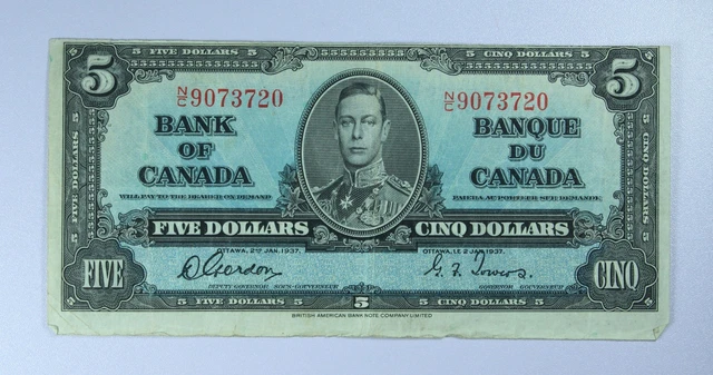1937 BANK OF Canada $5 BC-23B N/C Gordon/Towers Very Fine (VF) $60.00 - PicClick CA