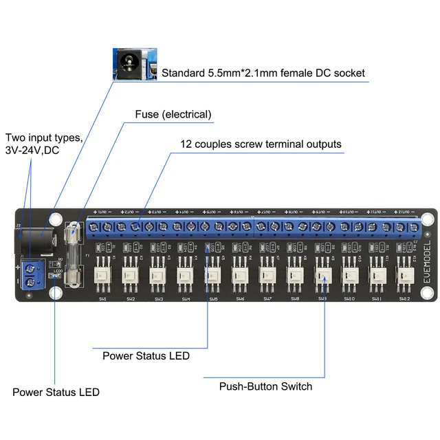 EVEMODEL 3V-24V DC Power Distribution Module 12 Channel Individual ...