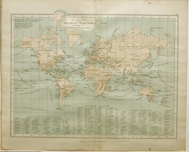 C1870 MAP WORLD SHOWING NATURAL PRODUCTIONS MARITIME COMMERCE ROUTES ...