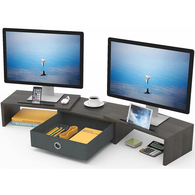 DUAL MONITOR STAND Riser With Drawer, 3 Shelf Computer Monitor Riser ...