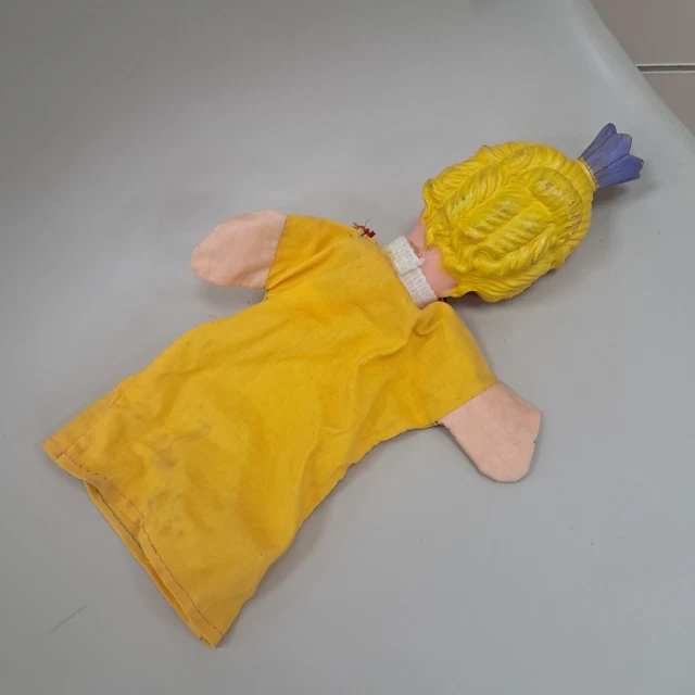 VINTAGE HAND PUPPET Doll Plastic Head Yellow Dress Blonde Hair Blue Bow ...