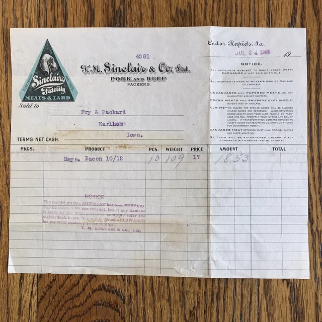 1908 CEDAR RAPIDS Iowa Billhead T.M. Sinclair Ephemera Letterhead ...