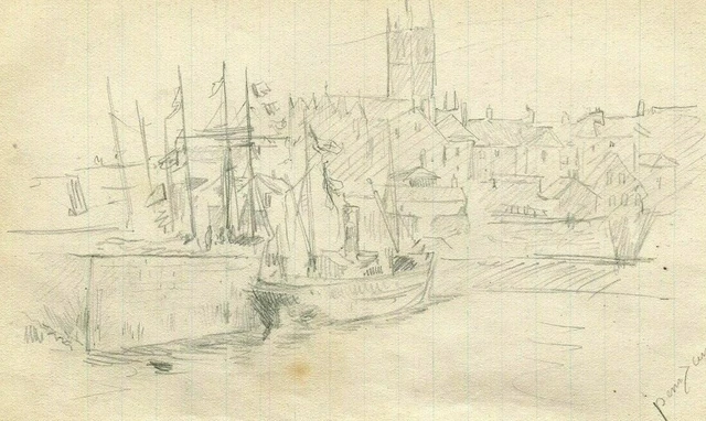 VINTAGE OLD PENCIL Drawing of a Port and Boat Landscape Sketch £53.52 ...