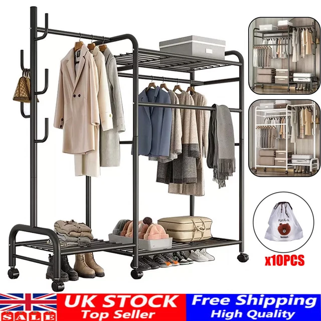 HEAVY DUTY DOUBLE Clothes Rail Rack Garment Hanging Stand Open Wardrobe ...