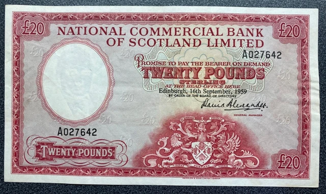 NATIONAL COMMERCIAL BANK of Scotland 1959 Issue £20 Note, 'About ...