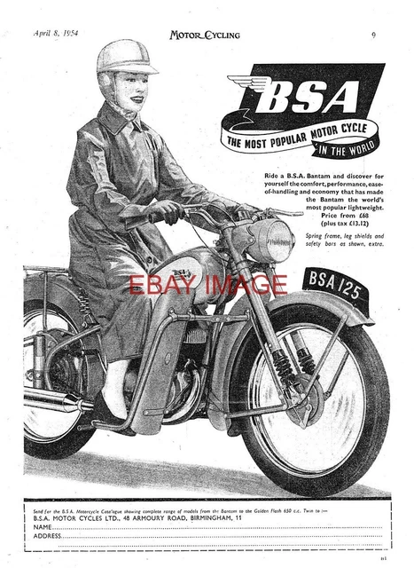 1954 ADVERT FOR BSA 'BANTAM' 125cc Motorcycle (4) Vintage Original ...