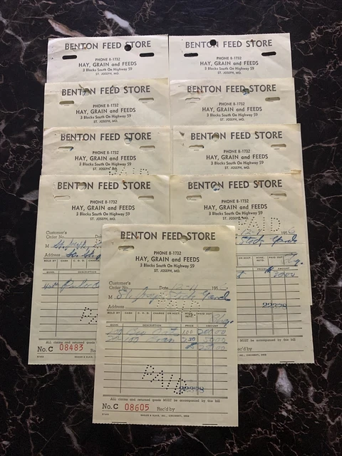 LOT OF 9 Benton Feed Store St Joseph Missouri 1956 Invoice Receipts $24 ...
