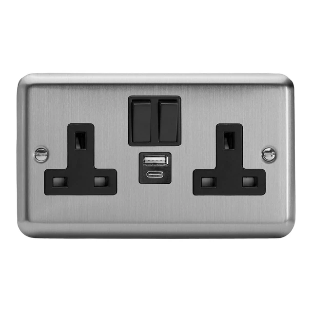 DOUBLE SWITCHED SOCKET with USB A+C Charging - Value Matt Chrome with ...