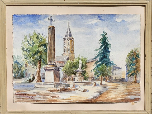 TABLEAU AQUARELLE SIGNÉE. Paysage : Place du Village. Peinture sur papier. EUR 1,00 - PicClick FR