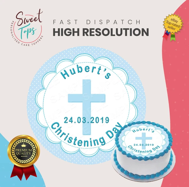 BLUE CHRISTENING EDIBLE Round Birthday Cake Topper Decoration ...