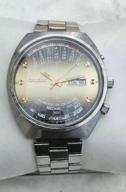 VINTAGE ORIENT FULL Perpetual Multi Year Calendar Edelstahl Herrenuhr ...