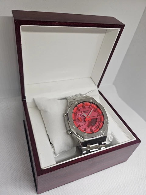 CASIO G-SHOCK SILVER and Red Dial Custom Casioak Mod - Metal Royal Oak ...