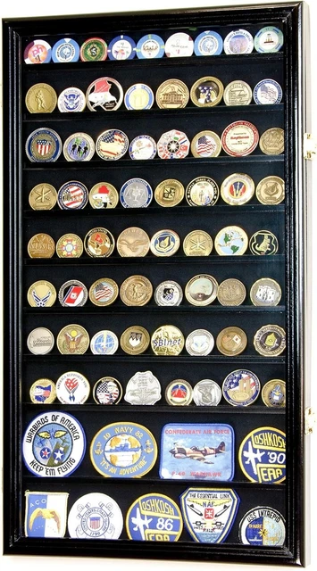 90 CHALLENGE COIN Display Case Adjustable Black Military Cabinet Wood ...