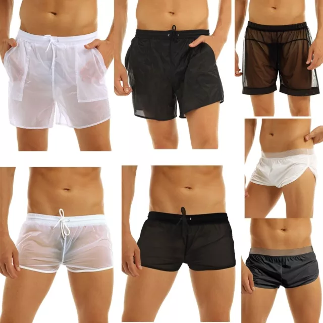 Mens Sexy See Through Drawstring Boxer Shorts Lounge Trunks Panties
