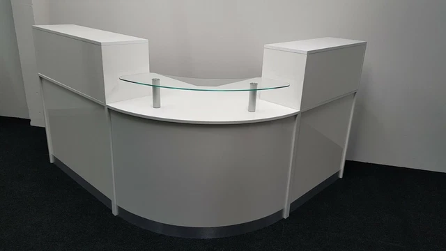 WHITE GLOSS RECEPTION Desk Curved Reception Counter Curved Glass Office ...