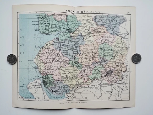 ANTIQUE COUNTY MAP of South Lancashire - Phillips Handy Atlas , 1887 £ ...