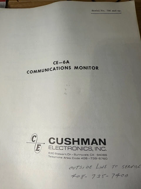 $89 CUSHMAN CE-6A Communications Service Monitor ORIGINAL Manual w ...