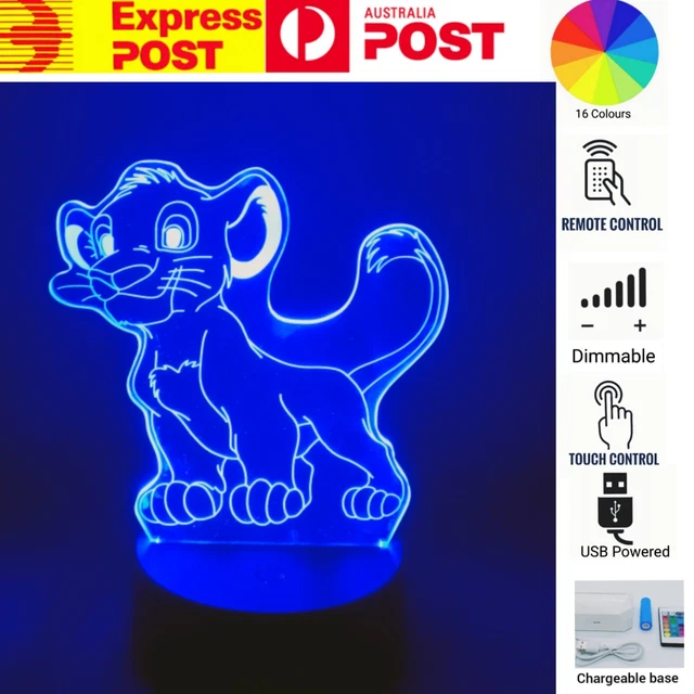 SIMBA THE LION KING 3D Acrylic LED 16 Colour Night Light Lamp Remote ...
