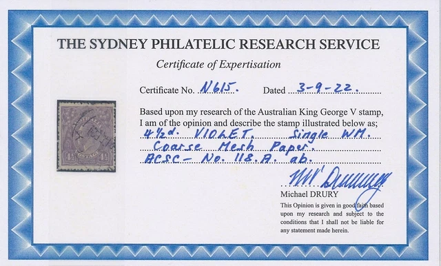 AUSTRALIA 1924 KGV 4½d single wmk coarse mesh paper. ACSC cat $350 ...