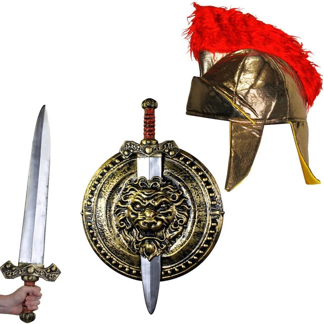 ROMAN HELMET GOLD Sword Shield Toy Set Gladiator Centurion Fancy Dress ...