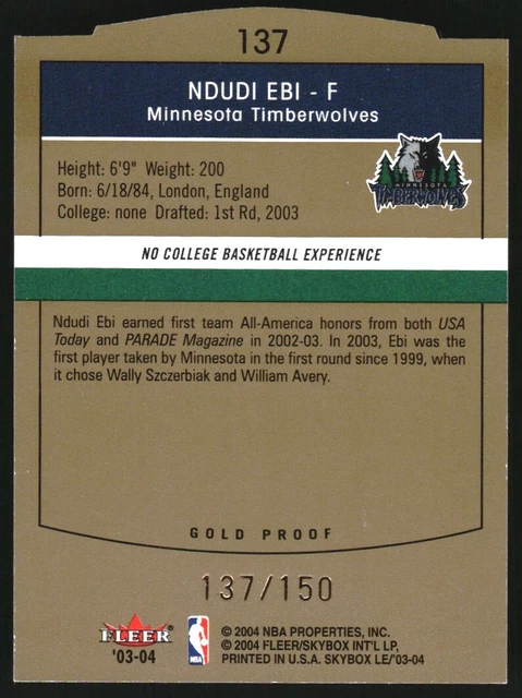 2003-04 SKYBOX LE épreuves or #137 Ndudi Ebi/150 EUR 5,96 - PicClick FR