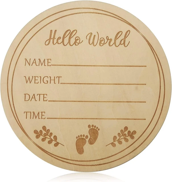 WOODEN BABY ANNOUNCEMENT Sign, Hello World Plaque Round Wooden Newborn ...