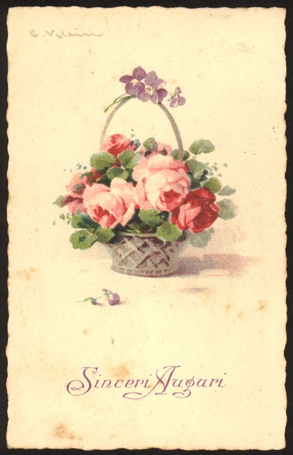 CARTOLINA D'EPOCA-POST CARD-ILLUSTRATORE KLEIN -CESTO ROSE-SINCERI ...