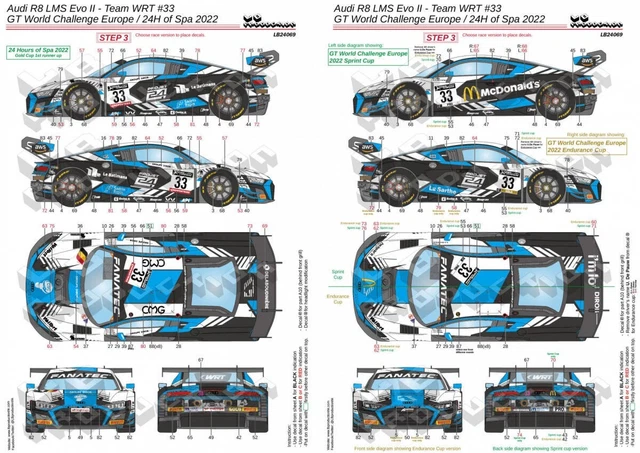 24069 1/24 LB PRODUCTION Silkscreen Decal Audi R8 LMS Evo2 Team WRT 33 ...