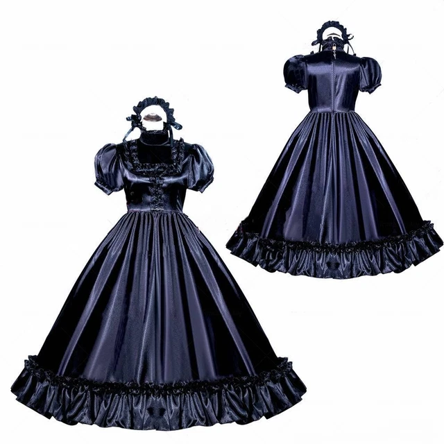 French Sissy Maid Lockable Black Satin Dress Uniform Cosplay Costume