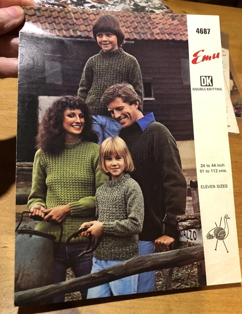 VINTAGE EMU KNITTING pattern 4687 Family Sweaters Fishermen DK Jumpers ...
