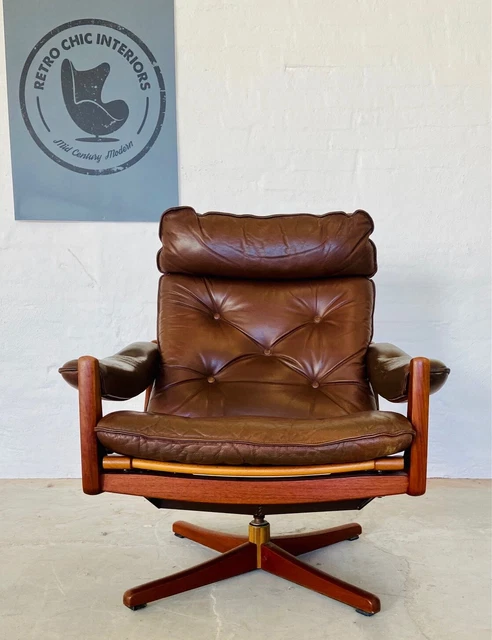 FAUTEUIL INCLINABLE ANNÉES 1960 en teck scandinave/cuir marron par Lied ...