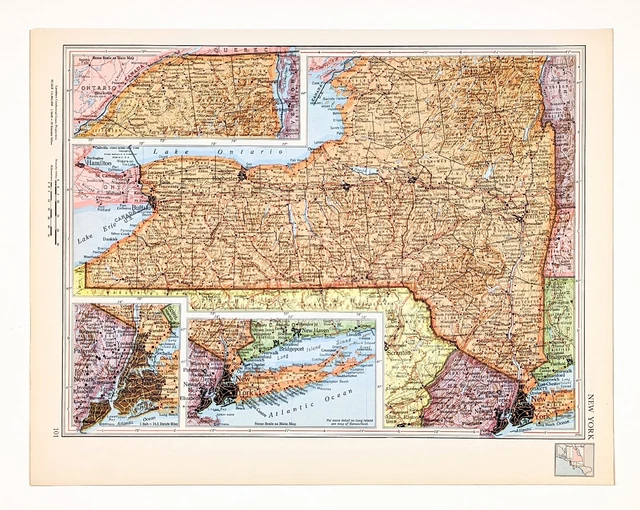 VINTAGE 1956 MAP New York State Townships County Railroads Canals ...