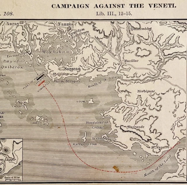 MAP OF CAMPAIGN Against The Veneti 1886 Victorian Caesar's Gallic War ...