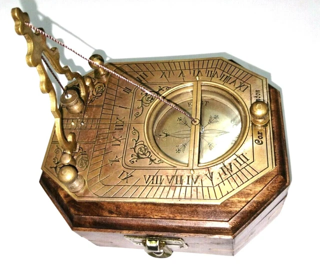 ANTIQUE BRASS SUNDIAL Compass Pendulum Collectible Wooden Box Gift set ...