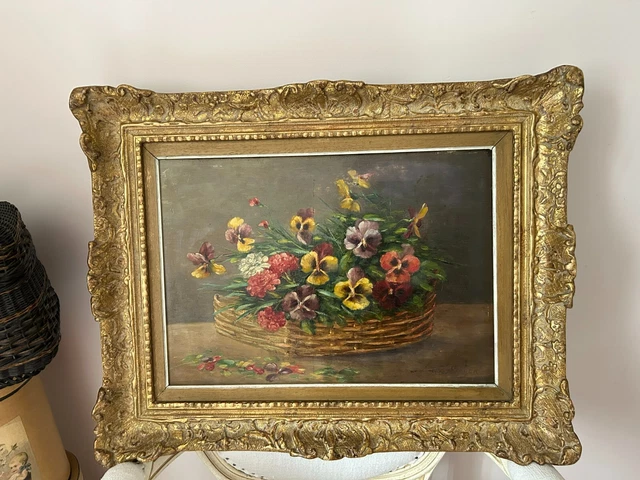 ANCIEN TABLEAU PEINTURE huile sur Bois Signe Bouquet De Pensées, fleurs ...