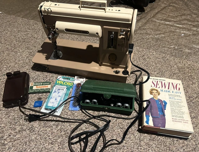 VINTAGE SINGER SEWING Machine 301A Portable Tan w Pedal Retro Book ...