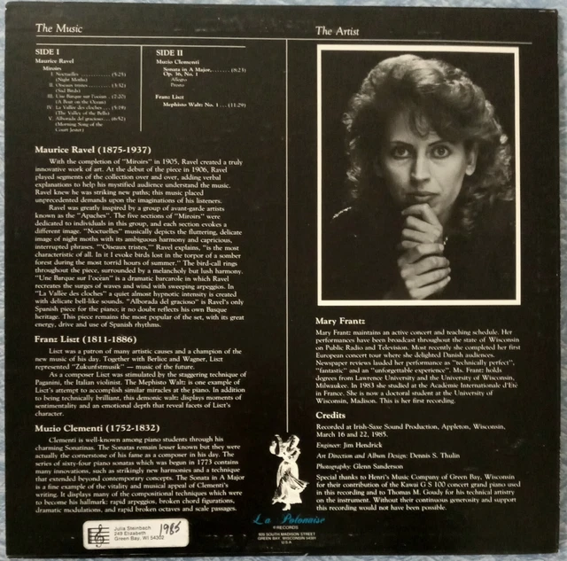 RARE PRIVATE GREEN BAY WI CLASSICAL Mary Frantz Miroirs LP Ravel Liszt ...