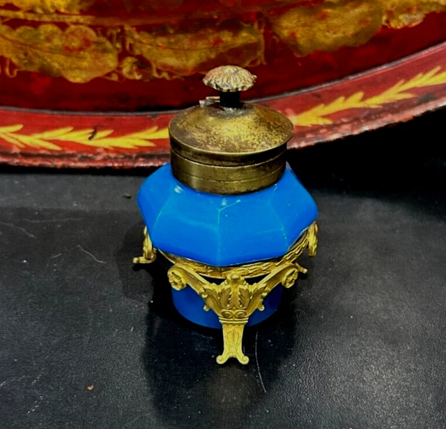 ANCIEN ENCRIER EN Opaline Bleu Monture Bronze Epoque Napoleon Iii ...