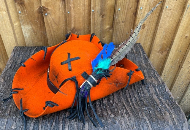 ORANGE DISTRESSED TRICORN Pirate Hat Renaissance Leather Feathers 57cm ...