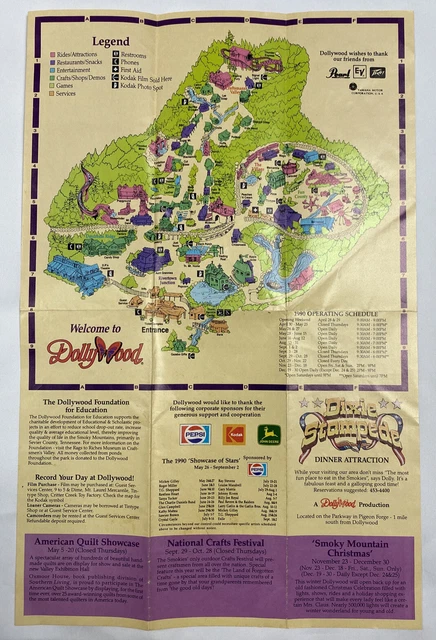1990 DOLLYWOOD DOLLY Parton Guide Map Brochure Poster Kodak Amusement ...