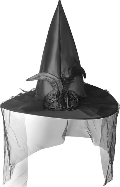 LADIES BLACK WITCH Hat with Veil and Feathers, Witch Hat, Adults Pointy ...