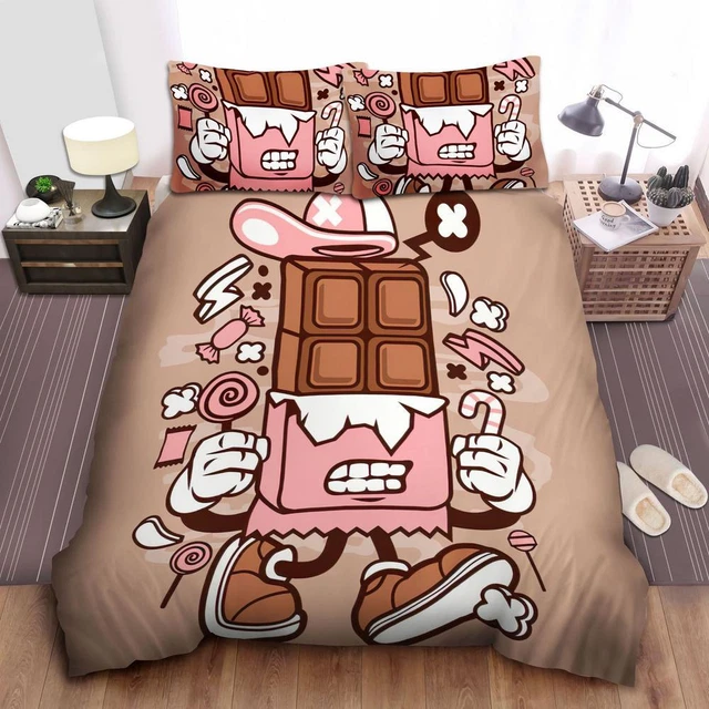 ANGRY PINK CHOCOLATE Bar Cartoon Walking Illustration Quilt Duvet Cover ...